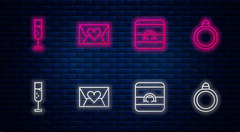 발렌타인 데이 하트 결혼 반지 샴페인 한 잔 및 다이아몬드 약혼이 담긴 라인 봉투를 설정합니다 벽돌 벽에 빛나는 네온 아이콘 벡터 3월에 대한 스톡 벡터 아트 및 기타