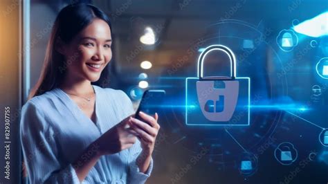Smiling Woman Managing Cybersecurity On Her Smartphone With A Digital Lock Icon Symbolizing