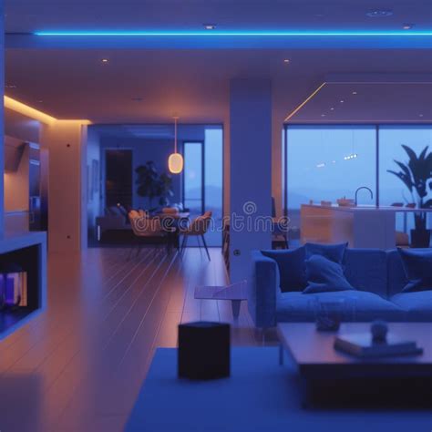 Stylish Modern Living Room With Smart Ambient Lighting Blue And Warm