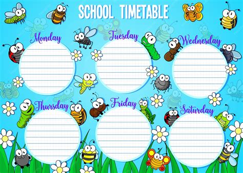 만화 벌레와 곤충이 있는 학교 시간표 프리미엄 벡터