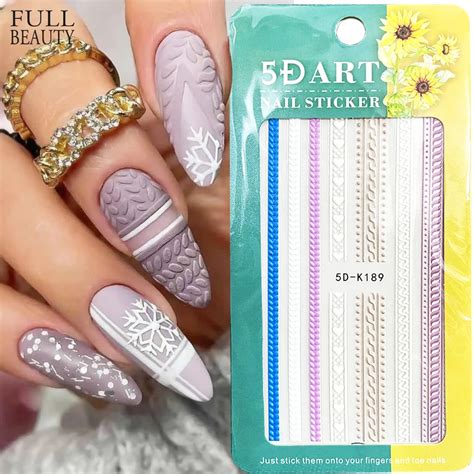 겨울 스웨터 참 네일 스티커 5d 아크릴 엠보싱 디자인 자체 접착 네일 트랜스퍼 슬라이더 데칼 Diy 매니큐어 Ch5d K189 Aliexpress