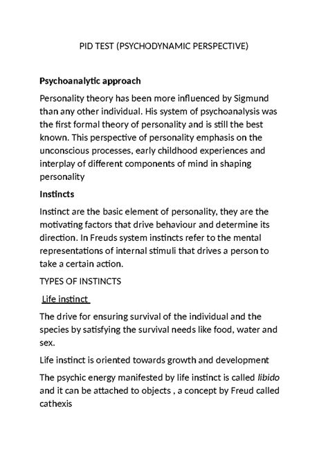 Psychoanalytic Perspective Pid Test Psychodynamic Perspective