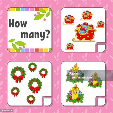 어린이를위한 계산 게임 행복한 캐릭터 수학 을 배우고 그림에 얼마나 많은 개체 교육 워크 시트 크리스마스 테마 귀여운 만화 스타일의 고립 된 벡터 일러스트레이션 0명에 대한