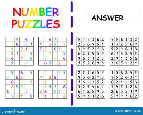 Sudoku Set Six By Six With Answer Vector Illustration Educational Number Puzzles With Solution