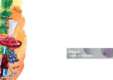 레드 와인의 병 유리병 병따개 신선한 포도의 무리와 함께 서식 파일 손 노란색과 오렌지 수채화 배경에 수채화 그림을 그려 건강한 생활방식에 대한 스톡 벡터 아트 및 기타