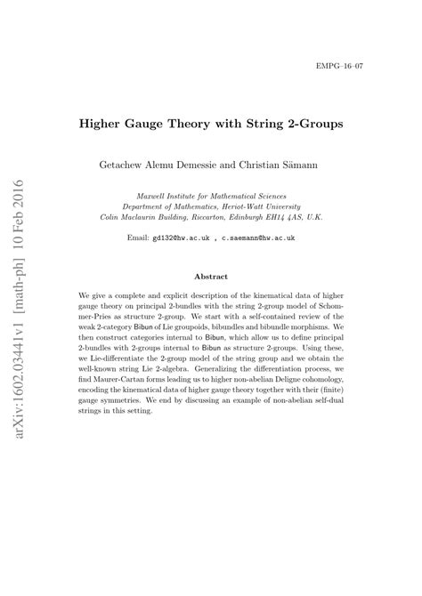 Pdf Higher Gauge Theory With String 2 Groups Researchgate