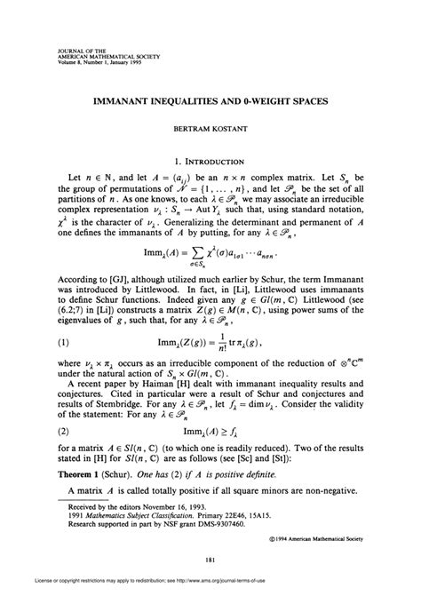Pdf Immanant Inequalities And 0 Weight Spaces