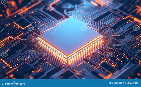 Cpu Processing Data On Motherboard With Orange Glowing Circuits Stock Image Image Of Network