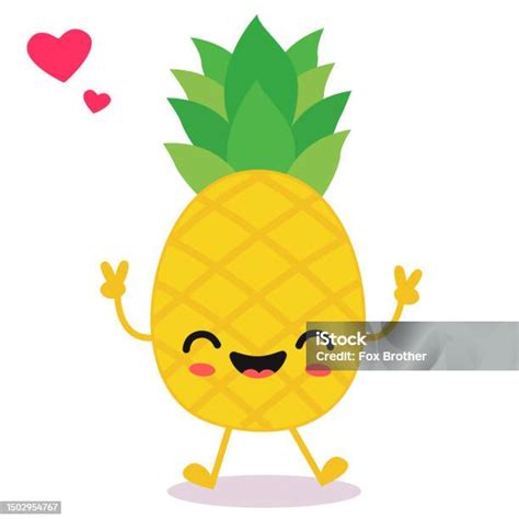 행복한 미소 카와이 귀여운 파인애플 벡터 플랫 과일 캐릭터 일러스트레이션 마스코트 디자인 흰색 배경에 격리되어 있습니다 감정에 대한 스톡 벡터 아트 및 기타 이미지 Istock