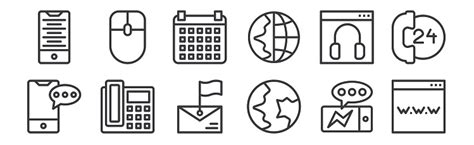 선형 접촉 아이콘 12세트 글로벌 통신 전화 고객 서비스 캘린더 웹용 마우스 모바일과 같은 얇은 개요 아이콘입니다 에 대한 스톡 벡터 아트 및 기타 이미지