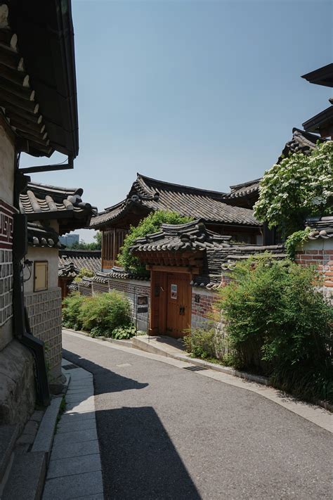 햇볕이 잘 드는 거리를 따라 한국 전통 가옥이 늘어서 있습니다 사진 Unsplash의 무료 대한민국 이미지