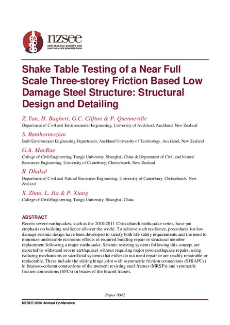 Pdf Shake Table Testing Of A Near Full Scale Three Storey Friction