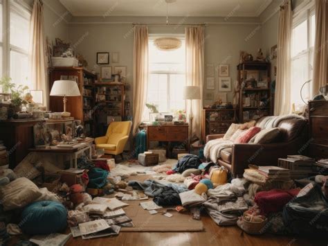 Premium Photo A Messy Living Room With A Lot Of Clutter On The Floor