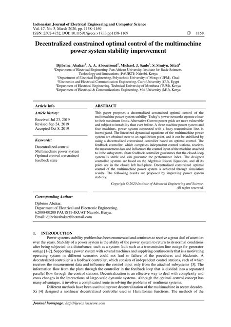 Pdf Decentralized Constrained Optimal Control Of The Multimachine
