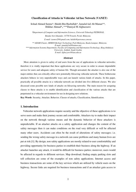 Pdf Classification Of Attacks In Vehicular Ad Hoc Network Vanet