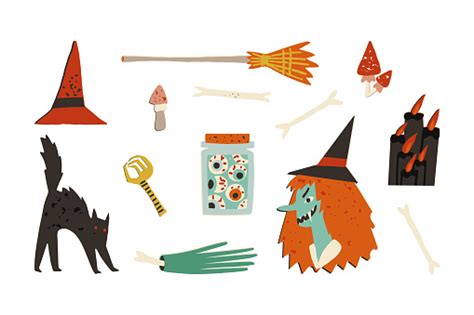 할로윈 클립 아트 세트 소름 끼치는 뱀파이어 마녀 짜증나는 요술 의식 물건 마녀 모자 안구가있는 항아리 검은 양초 뼈 닭 발 좀비의 손 날아 다니는 아가릭 고양이가 끝에