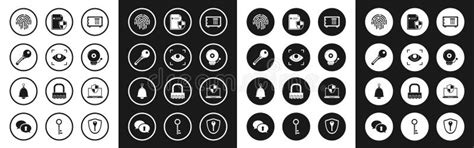 Set Safe Eye Scan Key Fingerprint Ringing Alarm Bell Document Protection Concept Laptop