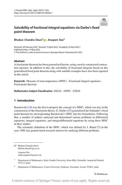 Solvability Of Fractional Integral Equations Via Darbos Fixed Point Theorem Request Pdf