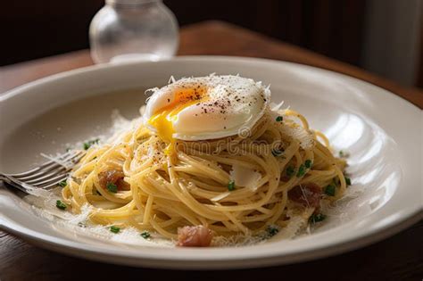 Spaghetti Carbonara With Poached Egg And Shaved Parmesan Cheese Stock
