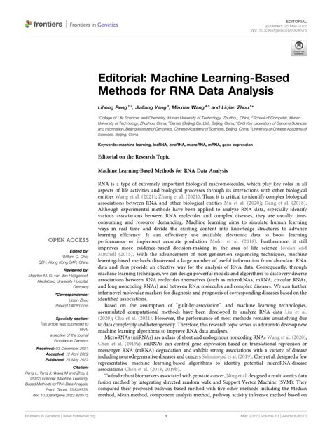 Pdf Editorial Machine Learning Based Methods For Rna Data Analysis