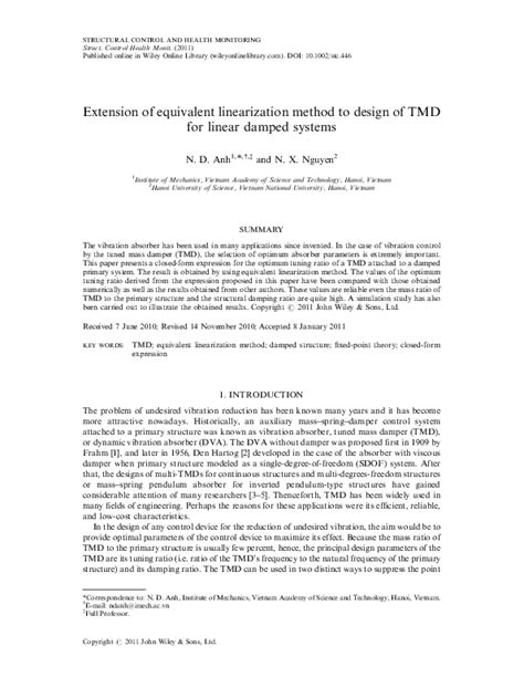 Pdf Extension Of Equivalent Linearization Method To Design Of Tmd For Linear Damped Systems