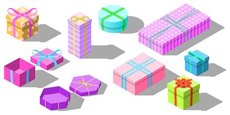 리본 보우 로고 벡터 기호 디자인 스타일이 있는 추상 동면 3d 컬렉션 기프트 박스 새해 생일 크리스마스 축하 스타일 세트 3차원 형태에 대한 스톡 벡터 아트 및 기타