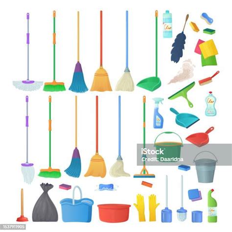만화 가정용 장비 세트입니다 빗자루가 스쿱에 먼지와 먼지를 쓸어줍니다 걸레 또는 면봉 깃털 먼지 플라스틱 양동이 청소 서비스 개념 개체가 흰색 배경을 분리했습니다 스톡 벡터