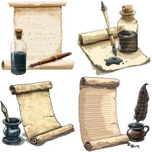 Vintage Ancient Scroll With Elegant Fountain Pen And Vintage Inkwell Collection Clipart