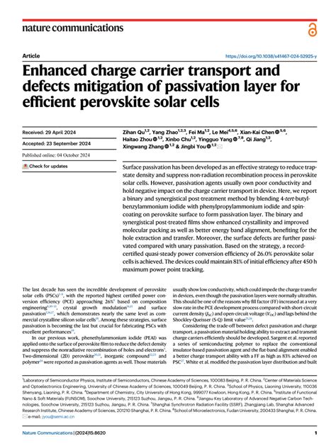 Pdf Enhanced Charge Carrier Transport And Defects Mitigation Of Passivation Layer For