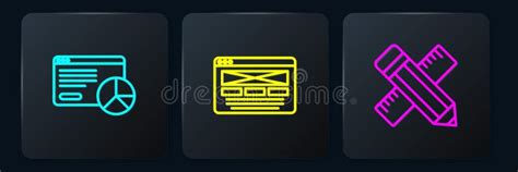 Set Line Website Statistic Crossed Ruler And Pencil And UI Or UX Design Black Square Button