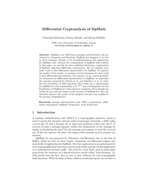 PDF Differential Cryptanalysis Of SipHash