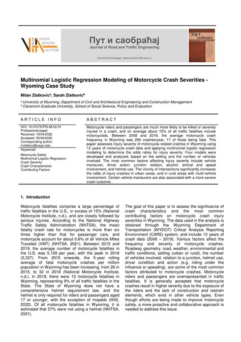 Pdf Multinomial Logistic Regression Modeling Of Motorcycle Crash Severities And Contributing
