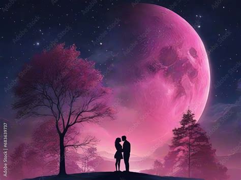 Pareja Besándose Con La Luna De Fondo En Una Atmósfera De Tonos Rosas
