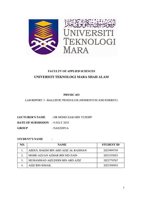 PHY 400 LAB Report 3 Submit FACULTY OF APPLIED SCIENCES UNIVERSITI TEKNOLOGI MARA SHAH ALAM