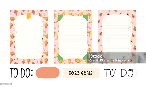 주간 또는 일일 플래너 목록을 할 2023 목표 노트 종이 귀여운 아이스크림 콘스티커 템플릿 바나나와 분홍색 배경과 글자 트렌디한 스케줄러 또는 주최자 목록 집합입니다 0