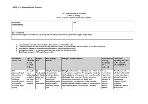 Ebp Table Assignment The University Of Texas At El Paso School Of
