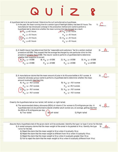 Solution Introduction To Statistics Quiz 8 One Sample Hypothesis