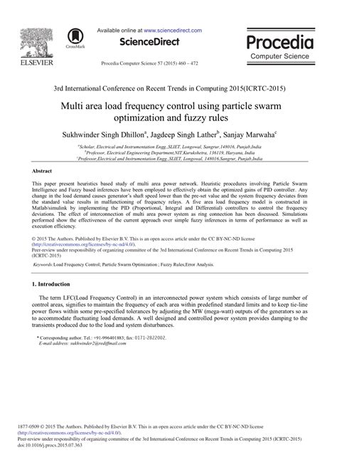 Pdf Multi Area Load Frequency Control Using Particle Swarm