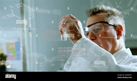 Image Of Data Processing And Chemical Formula Over Caucasian Male Scientist Doing Experiment