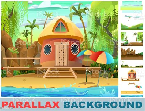 해변에 위치한 방갈로 하우스 재미있는 만화 스타일 아름다운 여름 아침 휴가 야자수와 나무가 많습니다 바다 파도 서핑 그림 레이어 시차 효과 벡터 이미지는 배경을 격리했습니다