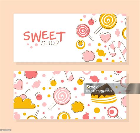 스위트 숍 배너 템플릿 세트 배너 맛있는 디저트 메뉴 사탕 가게 베이커리 포스터 전단지 브로셔 디자인 벡터 일러스트레이션 개념에 대한 스톡 벡터 아트 및 기타 이미지