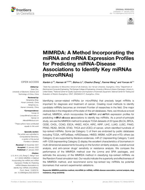 Pdf Mimrda A Method Incorporating The Mirna And Mrna Expression Profiles For Predicting Mirna