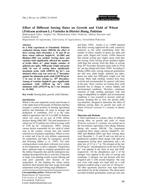 Pdf Effect Of Different Sowing Dates On Growth And Yield Of Wheat Triticum Aestivum L
