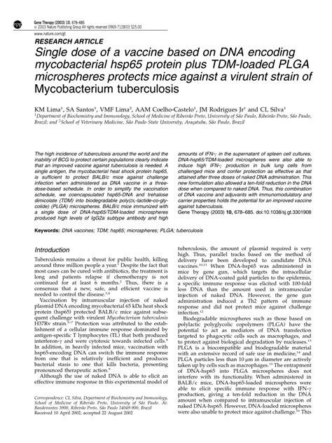 Pdf Single Dose Of A Vaccine Based On Dna Encoding Mycobacterial