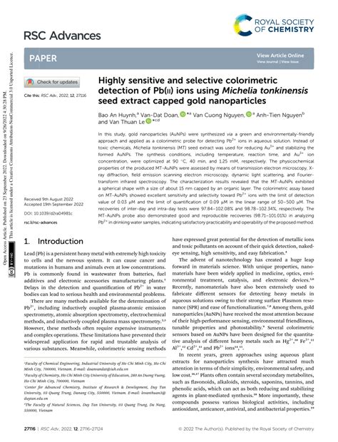 Pdf Highly Sensitive And Selective Colorimetric Detection Of Pb Ii