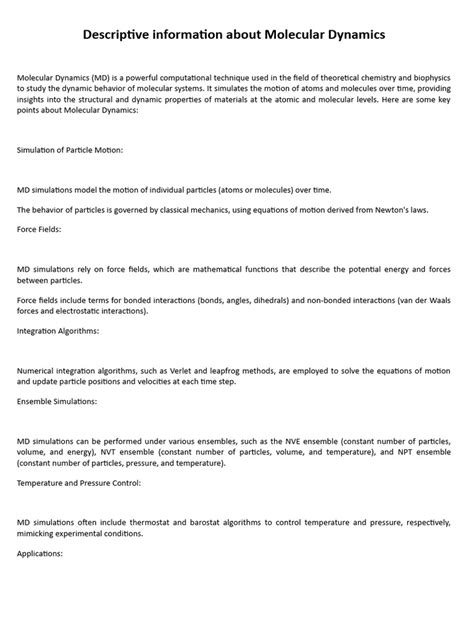 Descriptive Information About Molecular Dynamics Pdf Molecular Dynamics Force Field