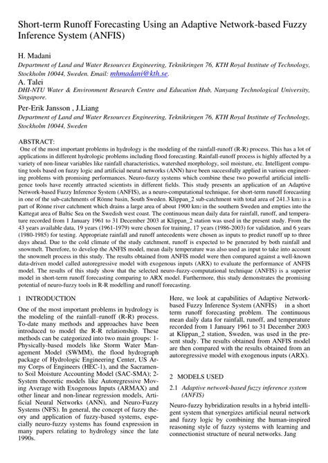 Pdf Short Term Runoff Forecasting Using An Adaptive Network Based Fuzzy Inference System Anfis