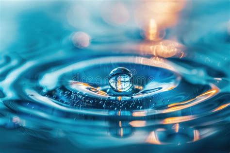 Water Drop Making Ripple Effect With Concentric Circles On Blue Water Surface With Sun