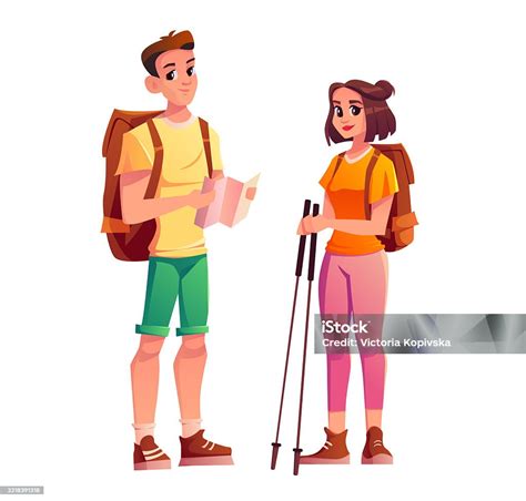 관광객 배낭 여행자 남자와 여자 하이킹 모험 여름 여행 지도 및 트레킹 장비 벡터 일러스트 레이 션 만화 캐릭터 가방에 대한 스톡 벡터 아트 및 기타 이미지 Istock