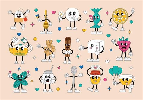 70년대 스타일의 차 세트 재미있는 만화 캐릭터 프리미엄 벡터